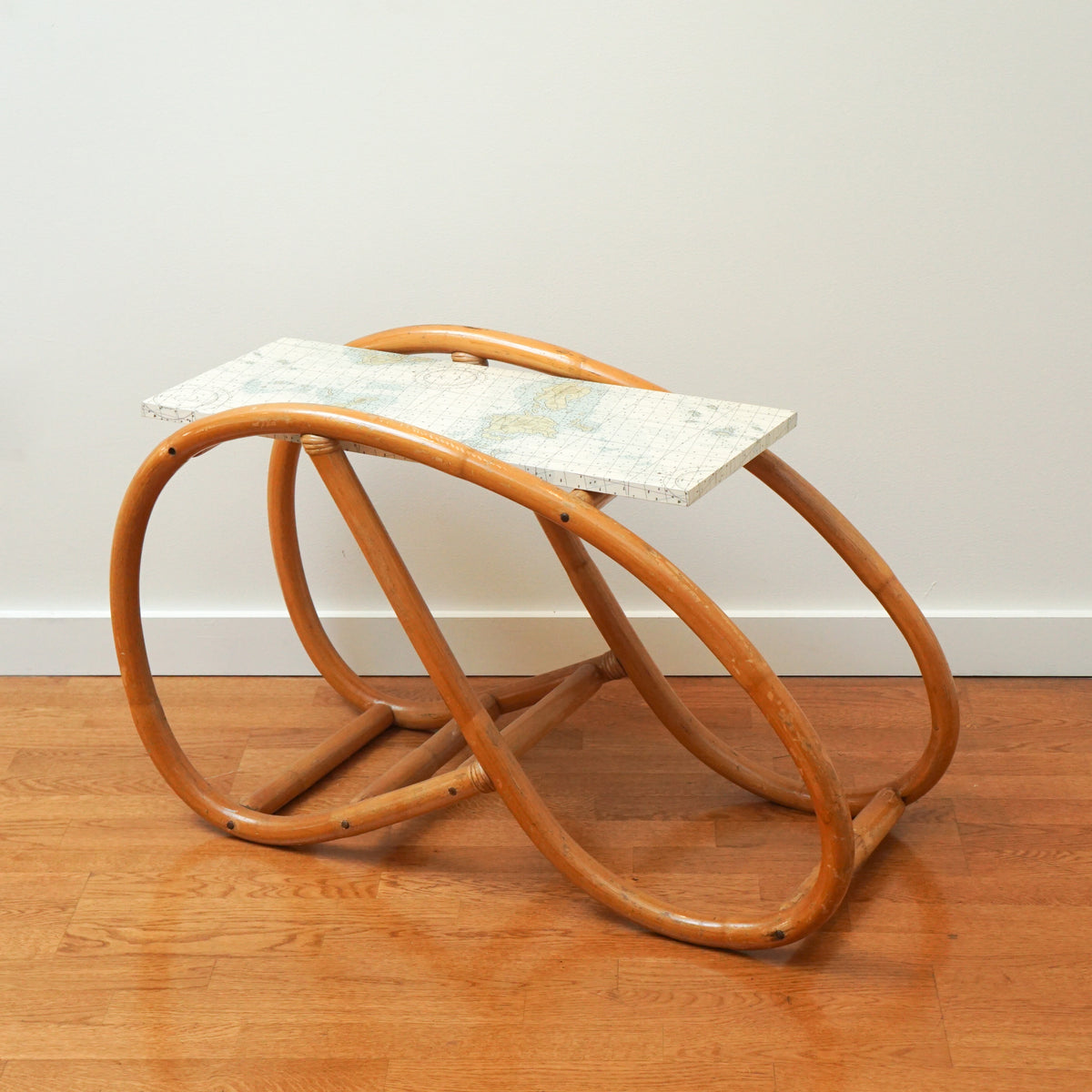 Vintage Rattan Side Table with Decoupage Map Top foley cox HOME